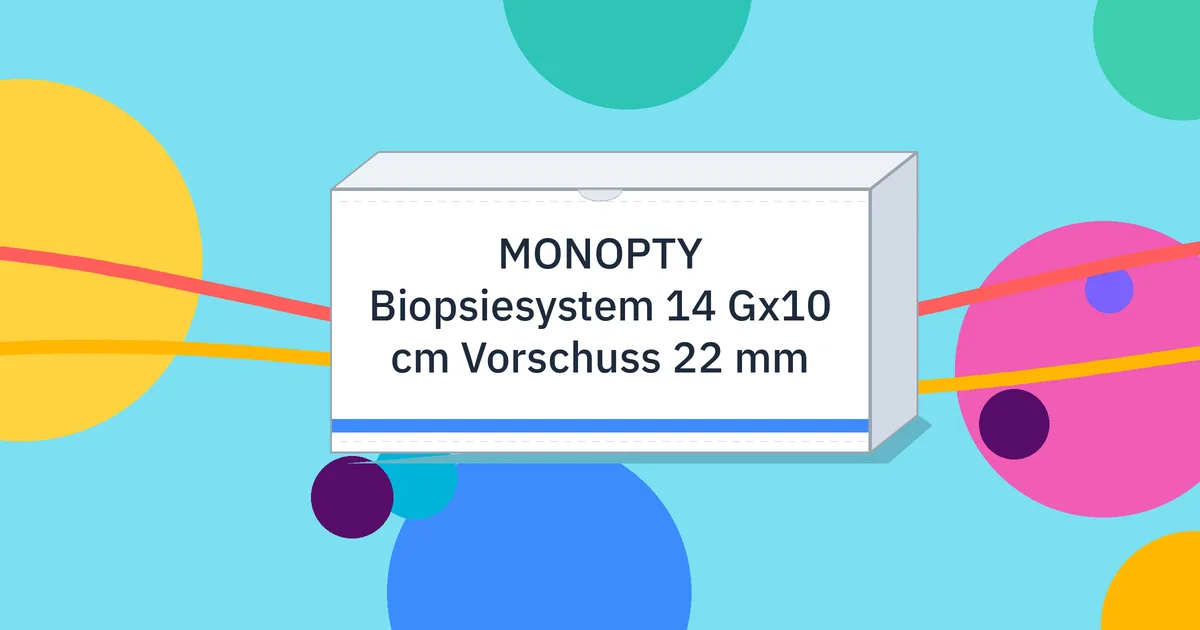 Symbolbild: Packung mit der Aufschrift MONOPTY Biopsiesystem 14 Gx10 cm Vorschuss 22 mm (PZN 03467767) – Verfügbarkeit und Bezug in Apotheken in Frankfurt am Main