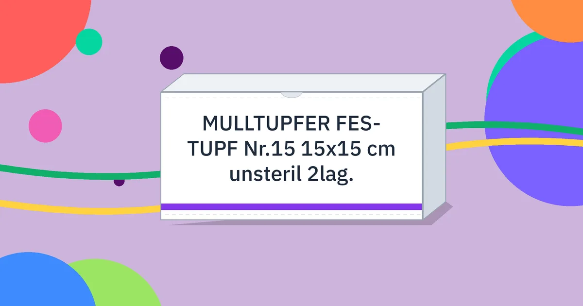 Symbolbild: Packung mit der Aufschrift MULLTUPFER FES-TUPF Nr.15 15x15 cm unsteril 2lag. (PZN 06310782) – Verfügbarkeit und Bezug in Apotheken in Frankfurt am Main