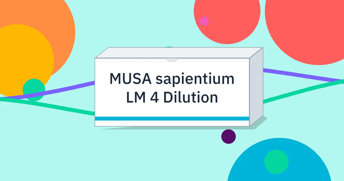 Symbolbild: Packung mit der Aufschrift MUSA sapientium LM 4 Dilution (PZN 13611573) – Verfügbarkeit und Bezug in Apotheken in Frankfurt am Main