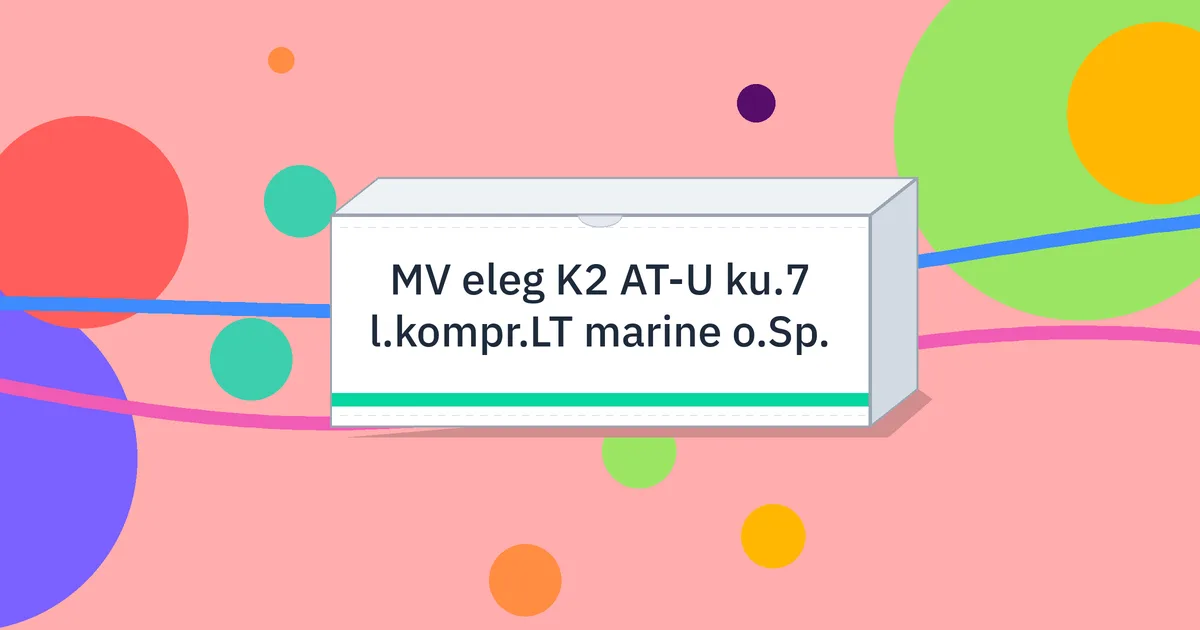 Symbolbild: Packung mit der Aufschrift MV eleg K2 AT-U ku.7 l.kompr.LT marine o.Sp. (PZN 14597131) – Verfügbarkeit und Bezug in Apotheken in Frankfurt am Main