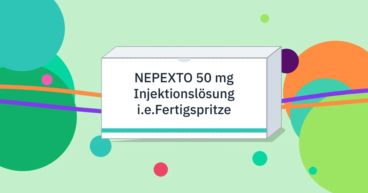 Symbolbild: Packung mit der Aufschrift NEPEXTO 50 mg Injektionslösung i.e.Fertigspritze (PZN 15862859) – Verfügbarkeit und Bezug in Apotheken in Frankfurt am Main