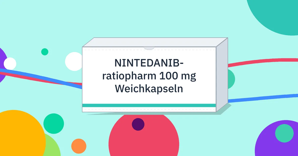 Symbolbild: Packung mit der Aufschrift NINTEDANIB-ratiopharm 100 mg Weichkapseln (PZN 19466178) – Verfügbarkeit und Bezug in Apotheken in Frankfurt am Main