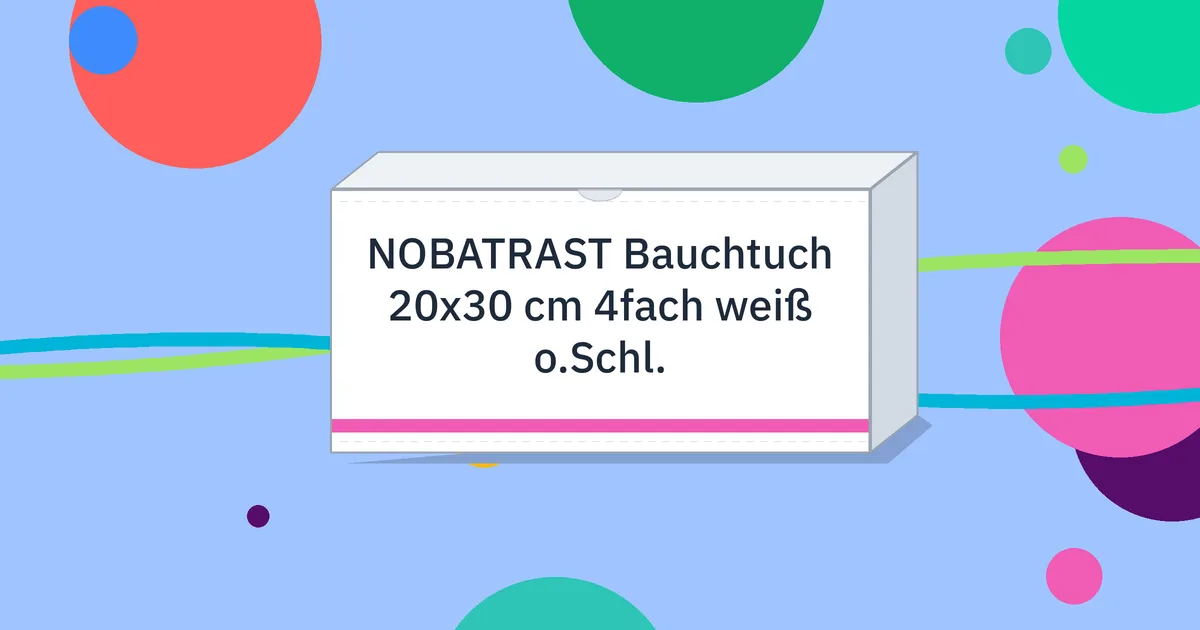 Symbolbild: Packung mit der Aufschrift NOBATRAST Bauchtuch 20x30 cm 4fach weiß o.Schl. (PZN 13566996) – Verfügbarkeit und Bezug in Apotheken in Frankfurt am Main