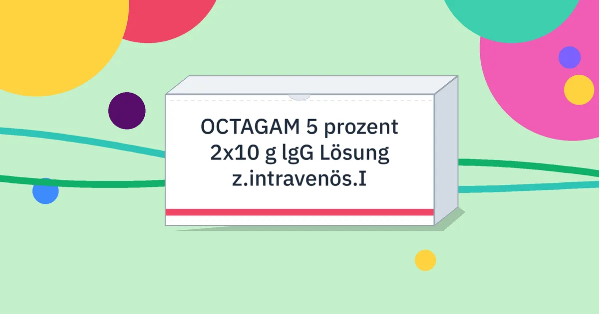 Symbolbild: Packung mit der Aufschrift OCTAGAM 5 prozent 2x10 g lgG Lösung z.intravenös.I (PZN 13474969) – Verfügbarkeit und Bezug in Apotheken in Frankfurt am Main