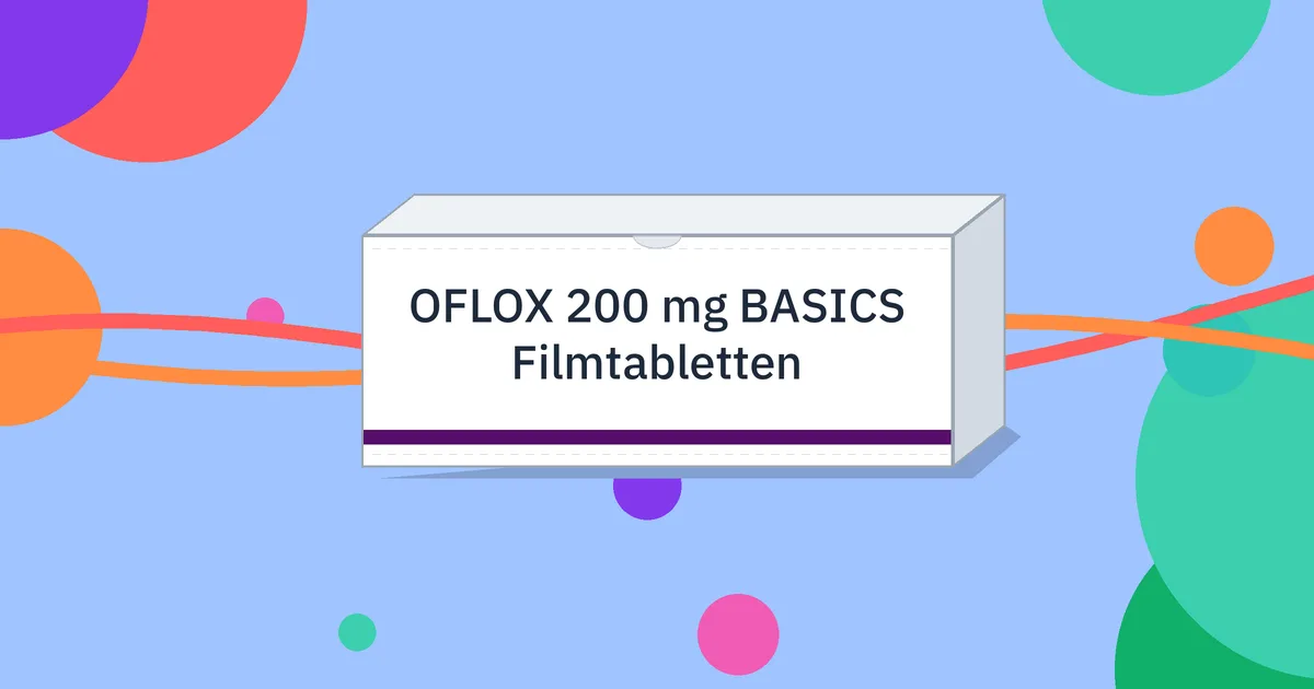 Symbolbild: Packung mit der Aufschrift OFLOX 200 mg BASICS Filmtabletten (PZN 01661726) – Verfügbarkeit und Bezug in Apotheken in Frankfurt am Main