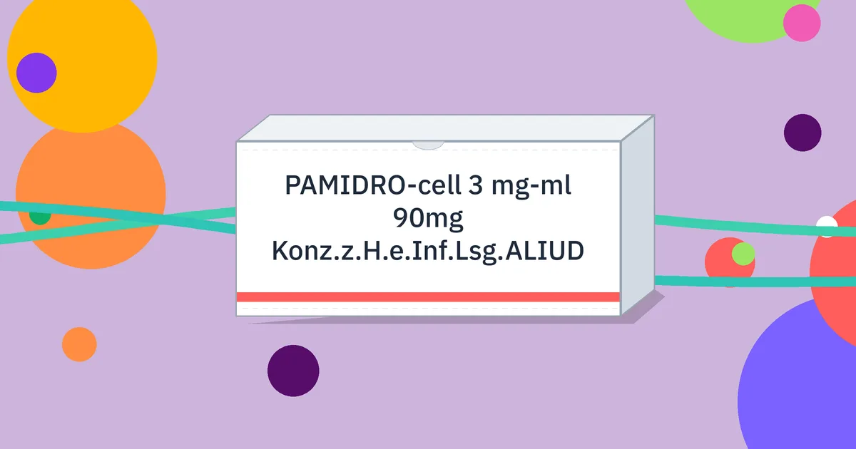 Symbolbild: Packung mit der Aufschrift PAMIDRO-cell 3 mg-ml 90mg Konz.z.H.e.Inf.Lsg.ALIUD (PZN 13838986) – Verfügbarkeit und Bezug in Apotheken in Frankfurt am Main