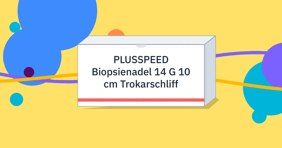 Symbolbild: Packung mit der Aufschrift PLUSSPEED Biopsienadel 14 G 10 cm Trokarschliff (PZN 05519267) – Verfügbarkeit und Bezug in Apotheken in Frankfurt am Main