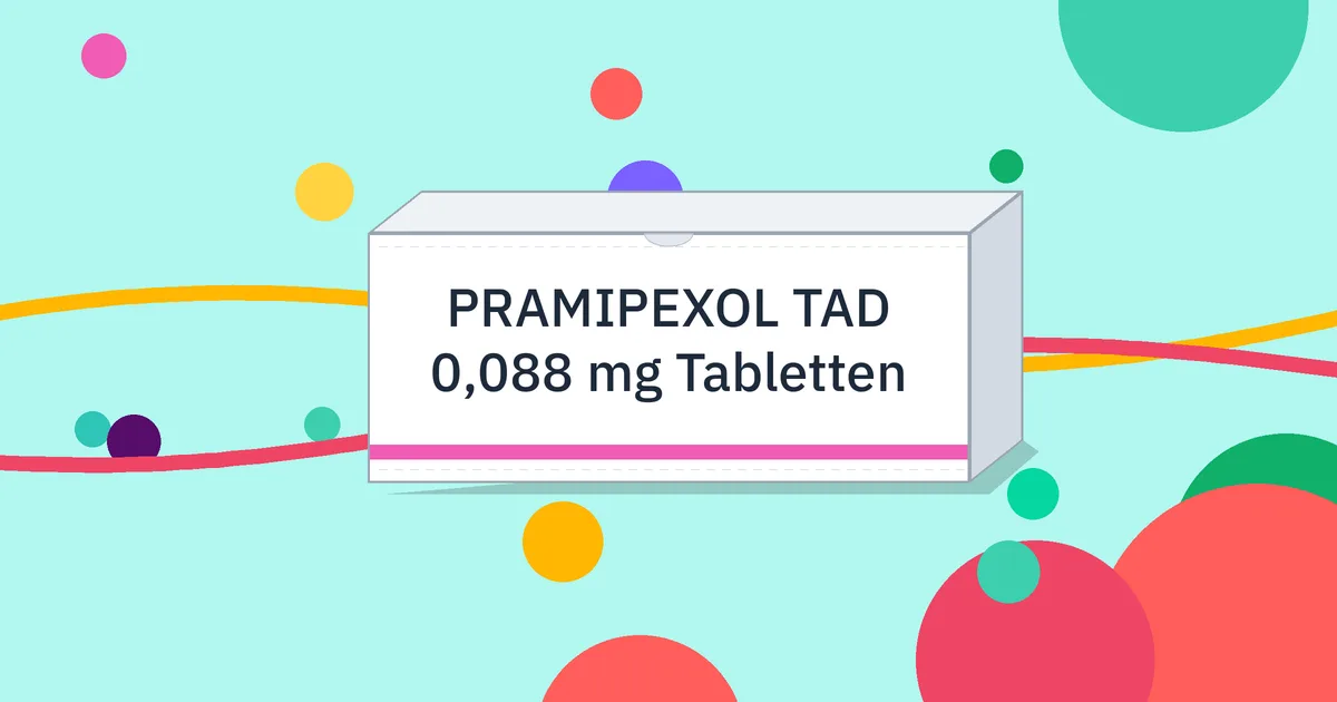 Symbolbild: Packung mit der Aufschrift PRAMIPEXOL TAD 0,088 mg Tabletten (PZN 20190480) – Verfügbarkeit und Bezug in Apotheken in Frankfurt am Main
