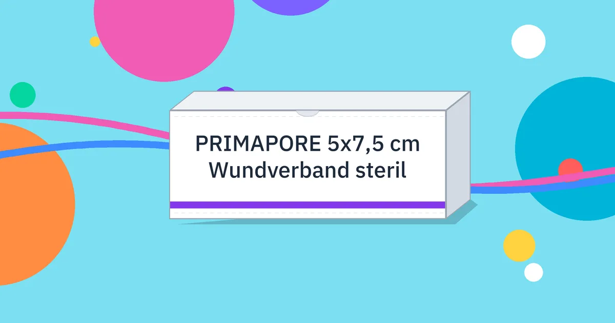 Symbolbild: Packung mit der Aufschrift PRIMAPORE 5x7,5 cm Wundverband steril (PZN 17514602) – Verfügbarkeit und Bezug in Apotheken in Frankfurt am Main