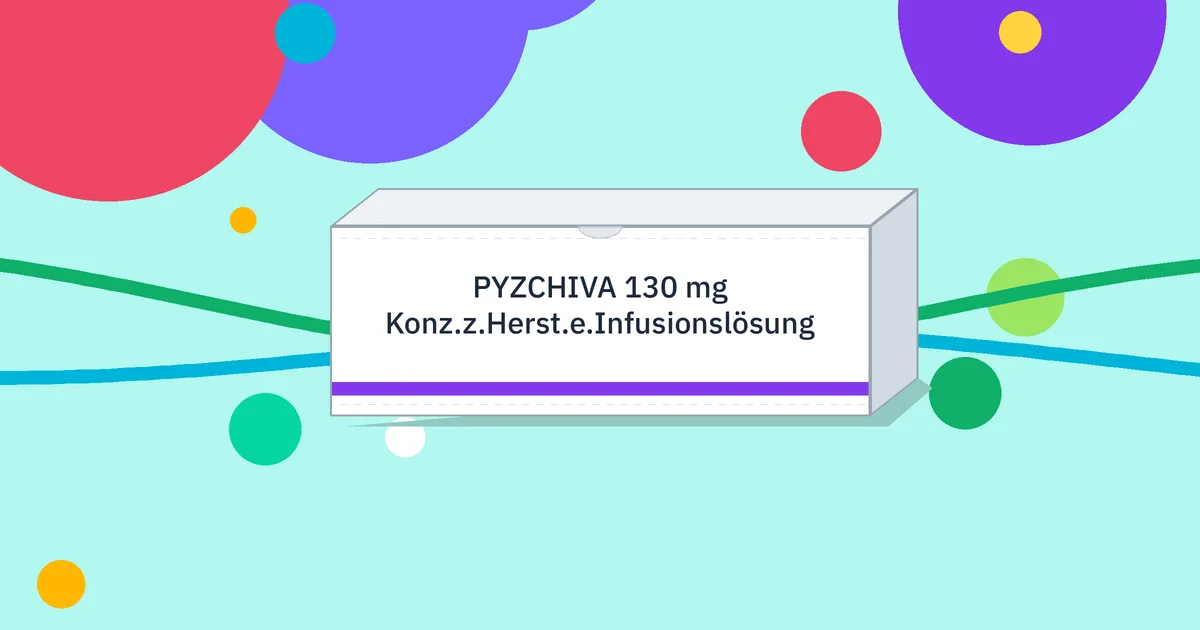 Symbolbild: Packung mit der Aufschrift PYZCHIVA 130 mg Konz.z.Herst.e.Infusionslösung (PZN 19528784) – Verfügbarkeit und Bezug in Apotheken in Frankfurt am Main
