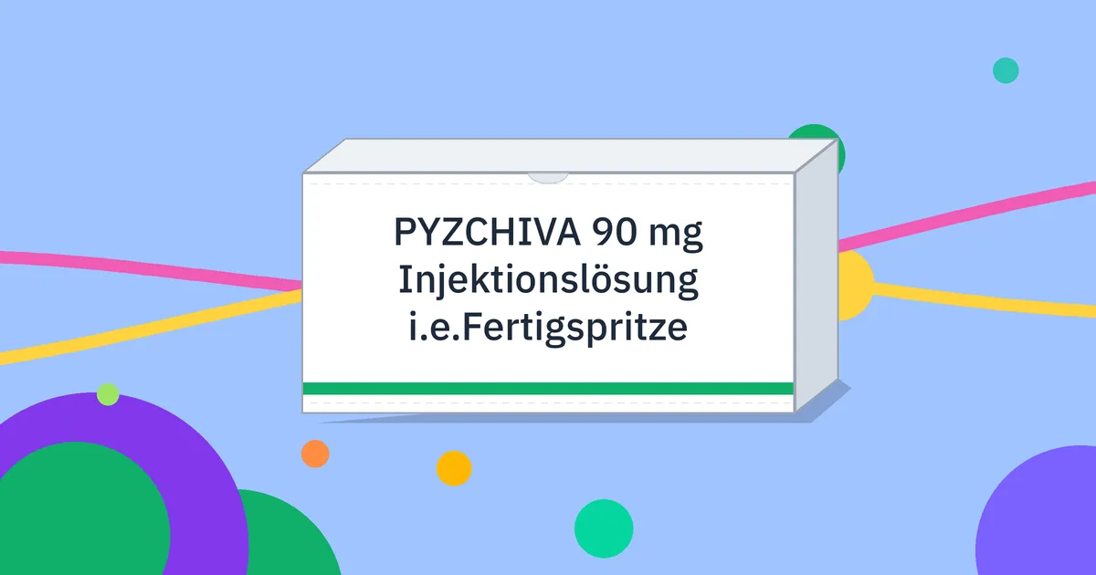 Symbolbild: Packung mit der Aufschrift PYZCHIVA 90 mg Injektionslösung i.e.Fertigspritze (PZN 20389023) – Verfügbarkeit und Bezug in Apotheken in Frankfurt am Main