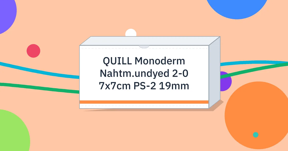 Symbolbild: Packung mit der Aufschrift QUILL Monoderm Nahtm.undyed 2-0 7x7cm PS-2 19mm (PZN 17988524) – Verfügbarkeit und Bezug in Apotheken in Frankfurt am Main