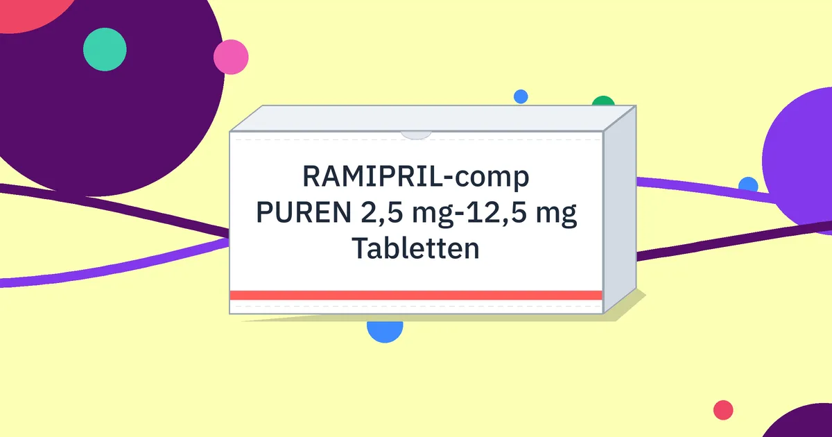 Symbolbild: Packung mit der Aufschrift RAMIPRIL-comp PUREN 2,5 mg-12,5 mg Tabletten (PZN 11357917) – Verfügbarkeit und Bezug in Apotheken in Frankfurt am Main