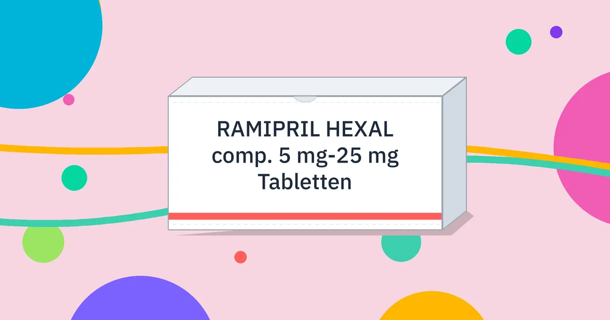 Symbolbild: Packung mit der Aufschrift RAMIPRIL HEXAL comp. 5 mg-25 mg Tabletten (PZN 00762661) – Verfügbarkeit und Bezug in Apotheken in Frankfurt am Main