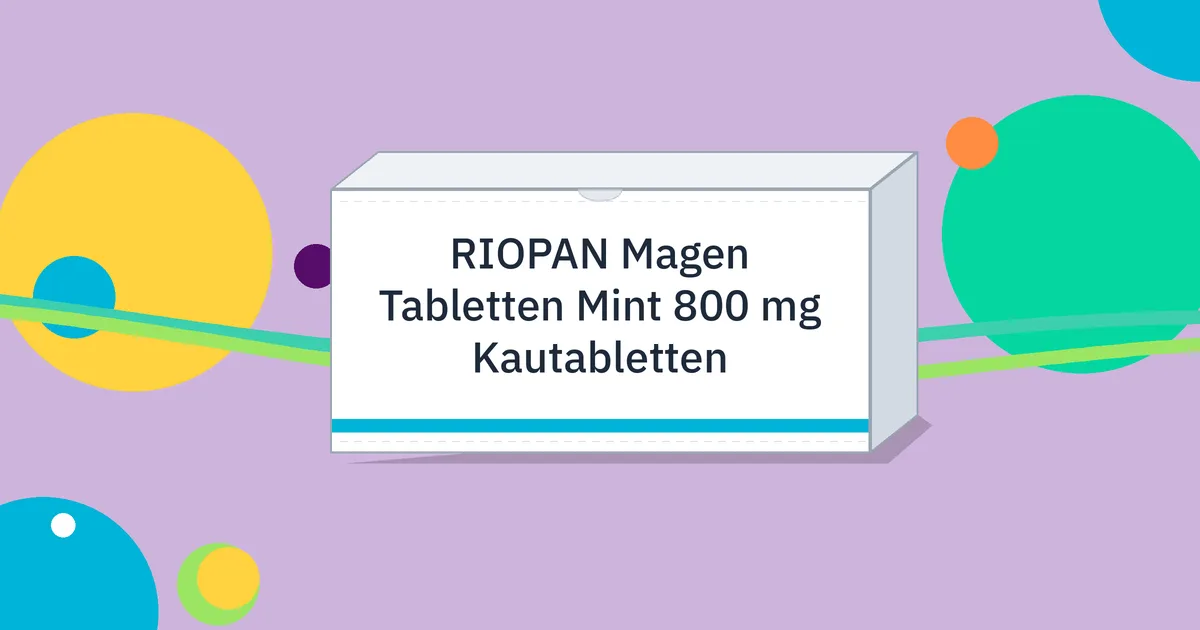 Symbolbild: Packung mit der Aufschrift RIOPAN Magen Tabletten Mint 800 mg Kautabletten (PZN 07110186) – Verfügbarkeit und Bezug in Apotheken in Frankfurt am Main