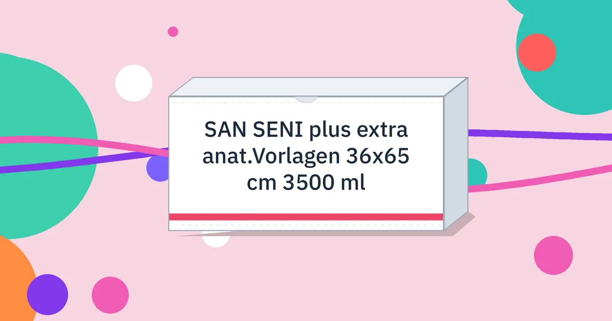 Symbolbild: Packung mit der Aufschrift SAN SENI plus extra anat.Vorlagen 36x65 cm 3500 ml (PZN 12393341) – Verfügbarkeit und Bezug in Apotheken in Frankfurt am Main