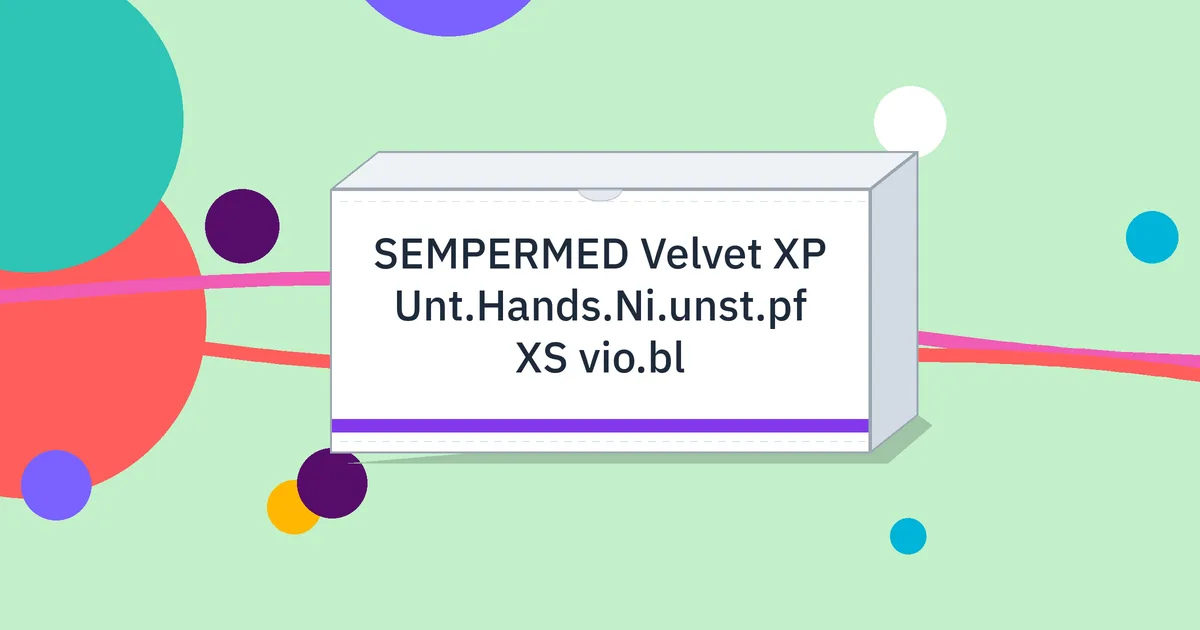 Symbolbild: Packung mit der Aufschrift SEMPERMED Velvet XP Unt.Hands.Ni.unst.pf XS vio.bl (PZN 19971203) – Verfügbarkeit und Bezug in Apotheken in Frankfurt am Main