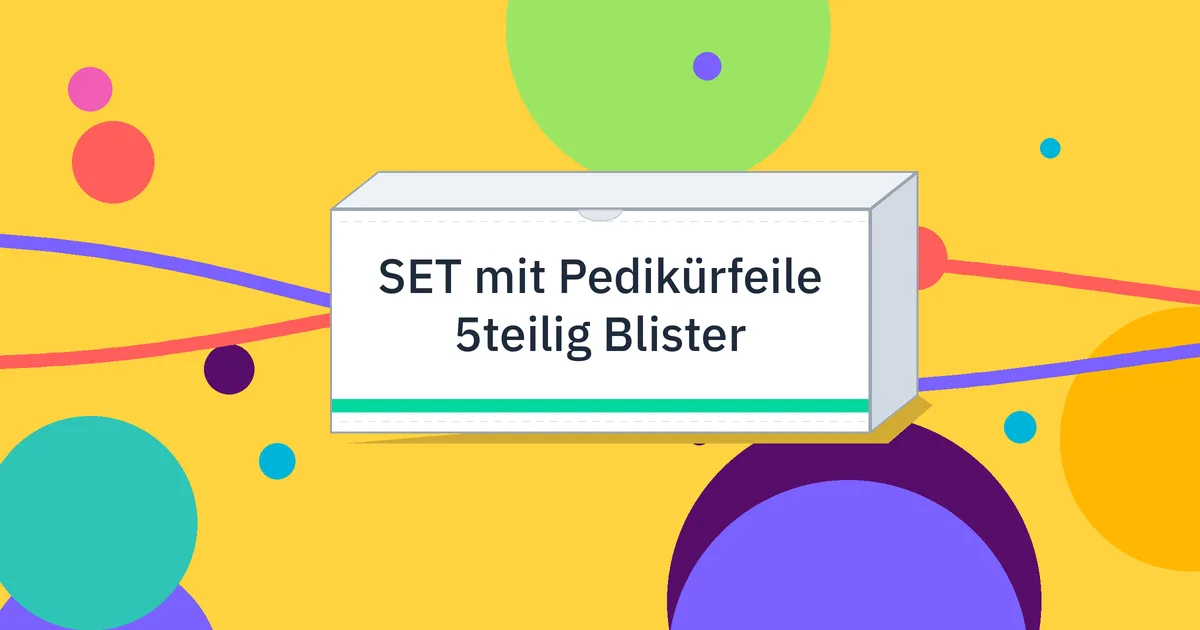 Symbolbild: Packung mit der Aufschrift SET mit Pedikürfeile 5teilig Blister (PZN 01599619) – Verfügbarkeit und Bezug in Apotheken in Frankfurt am Main