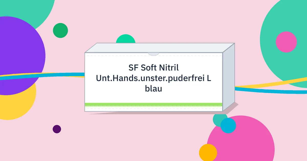 Symbolbild: Packung mit der Aufschrift SF Soft Nitril Unt.Hands.unster.puderfrei L blau (PZN 15659650) – Verfügbarkeit und Bezug in Apotheken in Frankfurt am Main
