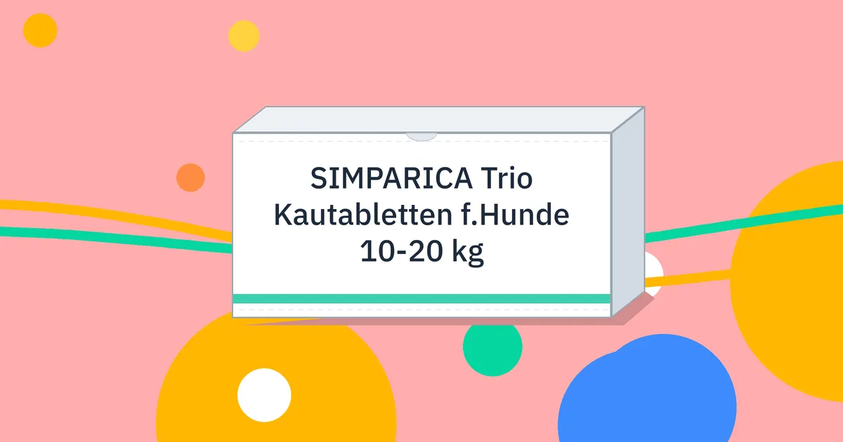 Symbolbild: Packung mit der Aufschrift SIMPARICA Trio Kautabletten f.Hunde 10-20 kg (PZN 17150761) – Verfügbarkeit und Bezug in Apotheken in Frankfurt am Main