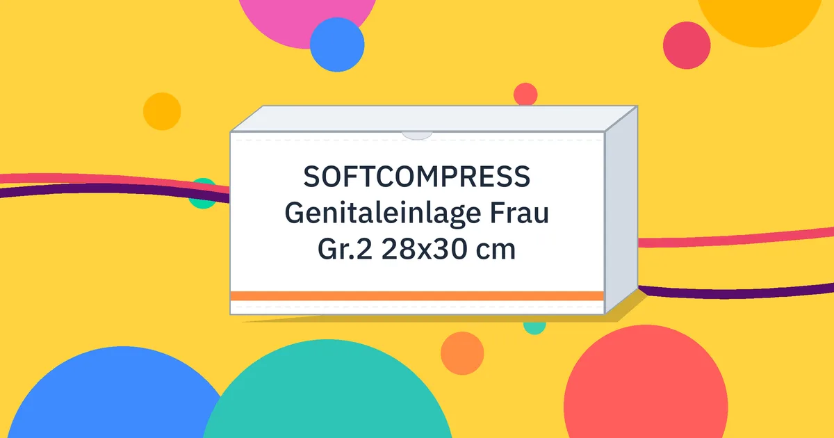 Symbolbild: Packung mit der Aufschrift SOFTCOMPRESS Genitaleinlage Frau Gr.2 28x30 cm (PZN 13505983) – Verfügbarkeit und Bezug in Apotheken in Frankfurt am Main