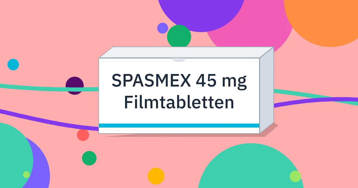 Symbolbild: Packung mit der Aufschrift SPASMEX 45 mg Filmtabletten (PZN 10088935) – Verfügbarkeit und Bezug in Apotheken in Frankfurt am Main