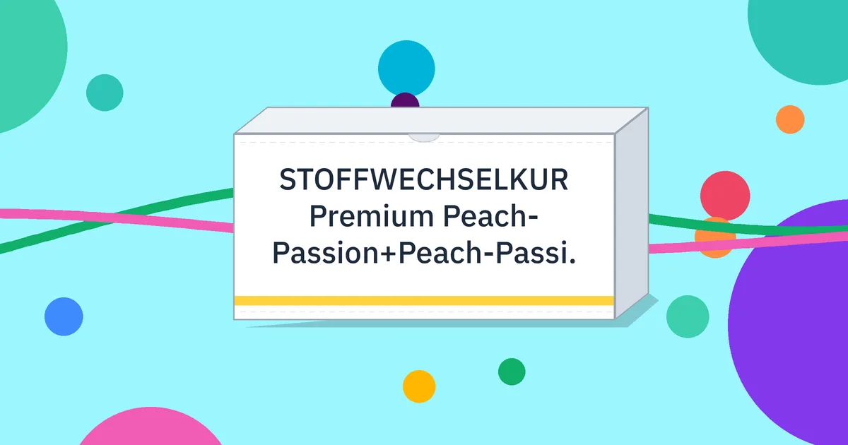 Symbolbild: Packung mit der Aufschrift STOFFWECHSELKUR Premium Peach-Passion+Peach-Passi. (PZN 14044254) – Verfügbarkeit und Bezug in Apotheken in Frankfurt am Main