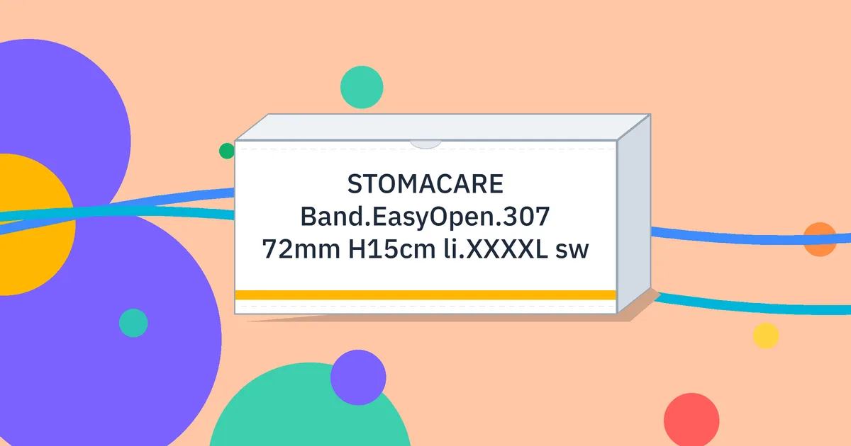 Symbolbild: Packung mit der Aufschrift STOMACARE Band.EasyOpen.307 72mm H15cm li.XXXXL sw (PZN 09437595) – Verfügbarkeit und Bezug in Apotheken in Frankfurt am Main