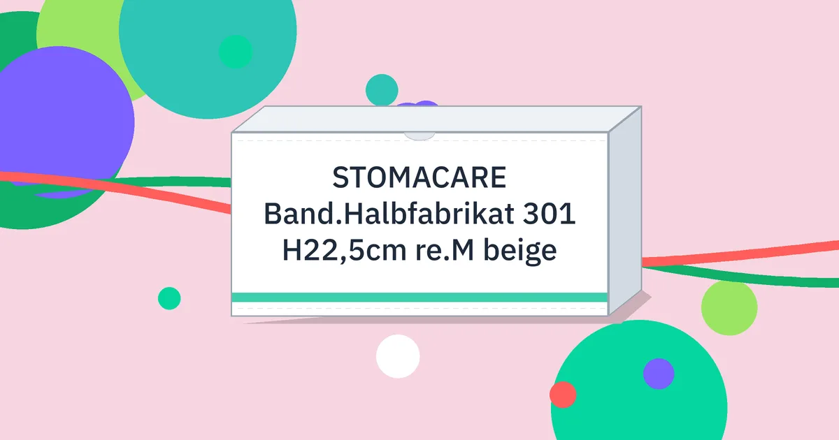 Symbolbild: Packung mit der Aufschrift STOMACARE Band.Halbfabrikat 301 H22,5cm re.M beige (PZN 07663821) – Verfügbarkeit und Bezug in Apotheken in Frankfurt am Main