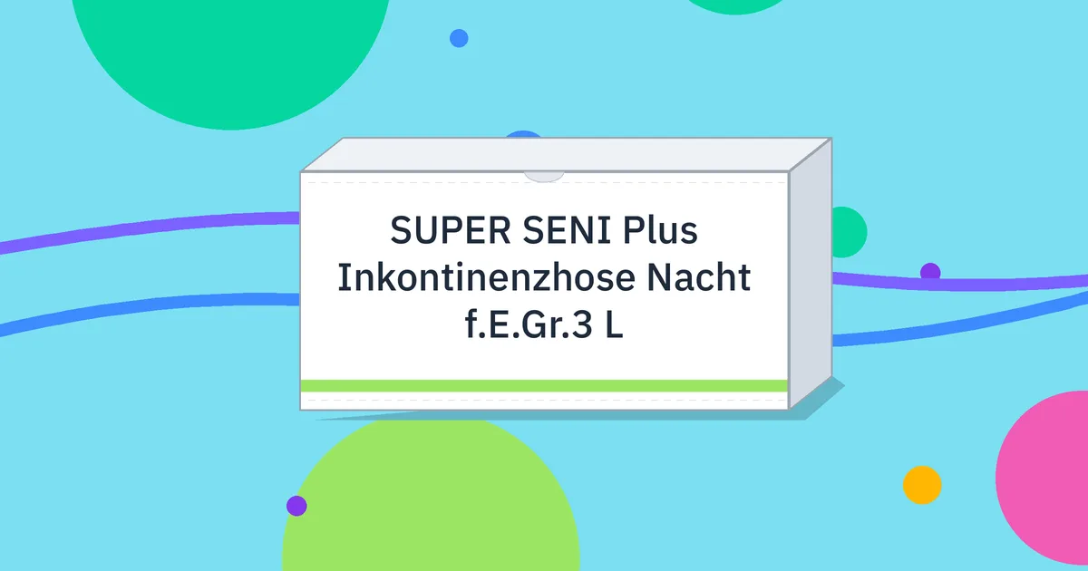 Symbolbild: Packung mit der Aufschrift SUPER SENI Plus Inkontinenzhose Nacht f.E.Gr.3 L (PZN 12664515) – Verfügbarkeit und Bezug in Apotheken in Frankfurt am Main
