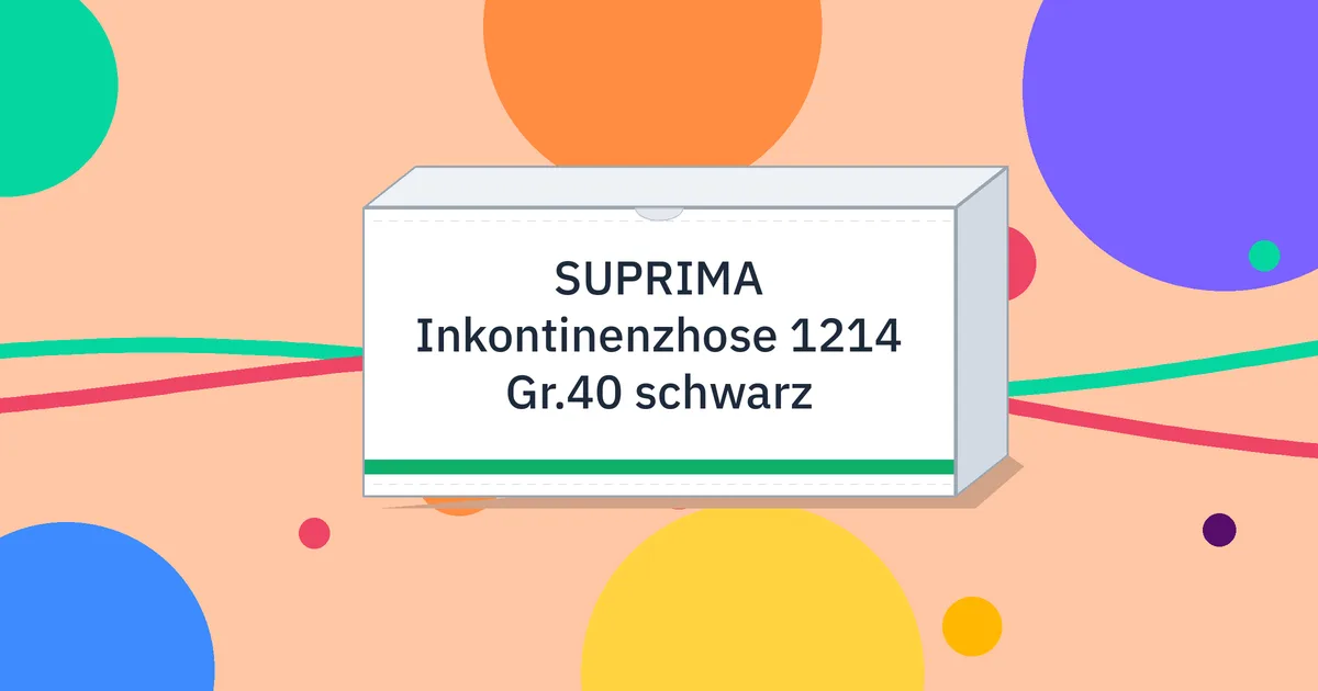Symbolbild: Packung mit der Aufschrift SUPRIMA Inkontinenzhose 1214 Gr.40 schwarz (PZN 02852925) – Verfügbarkeit und Bezug in Apotheken in Frankfurt am Main