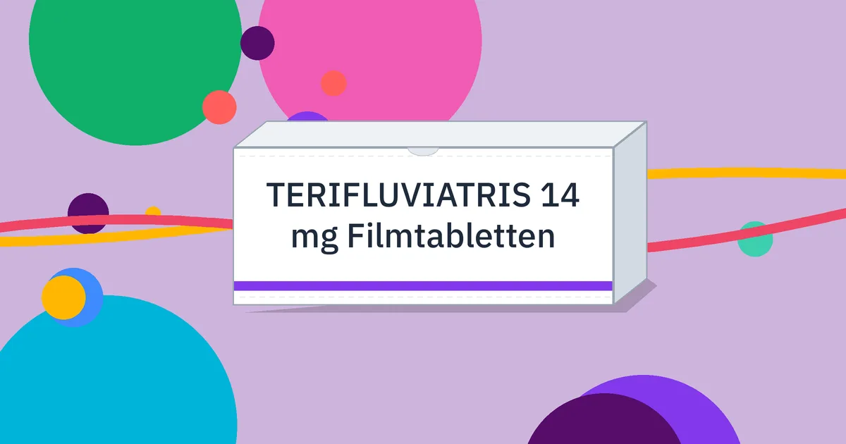 Symbolbild: Packung mit der Aufschrift TERIFLUVIATRIS 14 mg Filmtabletten (PZN 19972272) – Verfügbarkeit und Bezug in Apotheken in Frankfurt am Main