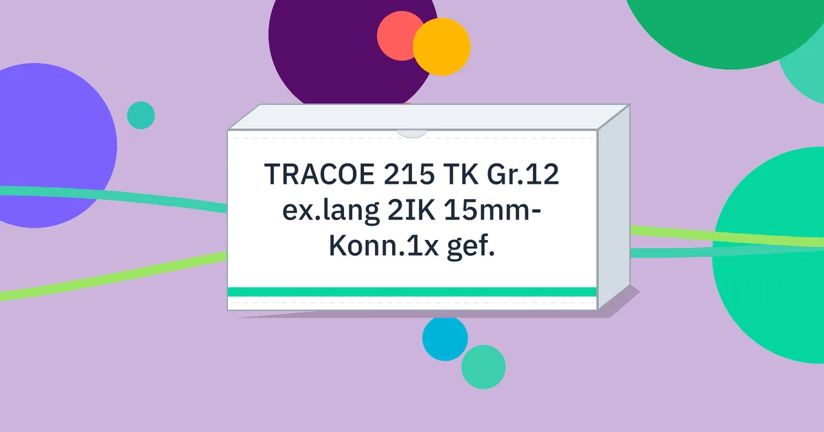 Symbolbild: Packung mit der Aufschrift TRACOE 215 TK Gr.12 ex.lang 2IK 15mm-Konn.1x gef. (PZN 11643681) – Verfügbarkeit und Bezug in Apotheken in Frankfurt am Main