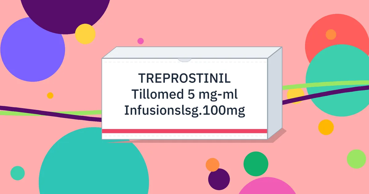 Symbolbild: Packung mit der Aufschrift TREPROSTINIL Tillomed 5 mg-ml Infusionslsg.100mg (PZN 17196326) – Verfügbarkeit und Bezug in Apotheken in Frankfurt am Main