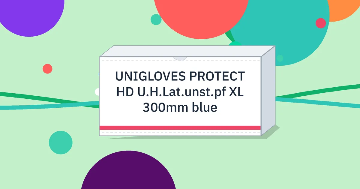 Symbolbild: Packung mit der Aufschrift UNIGLOVES PROTECT HD U.H.Lat.unst.pf XL 300mm blue (PZN 20366861) – Verfügbarkeit und Bezug in Apotheken in Frankfurt am Main