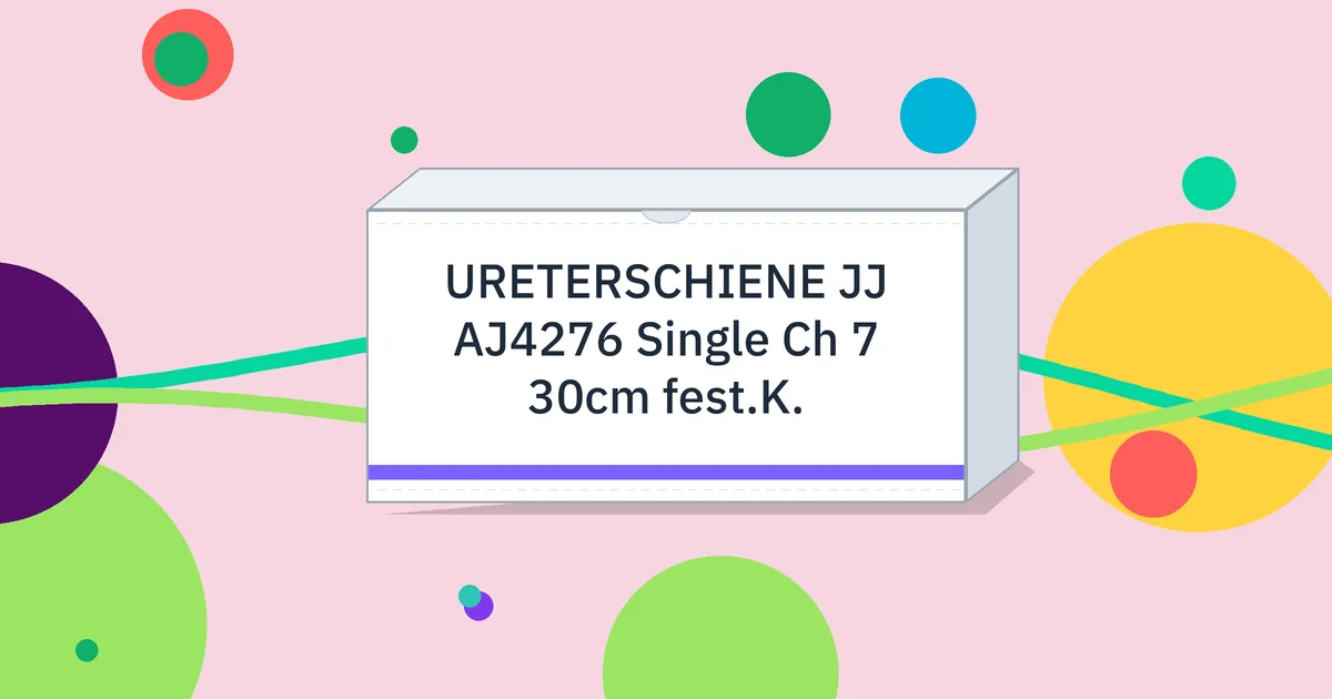 Symbolbild: Packung mit der Aufschrift URETERSCHIENE JJ AJ4276 Single Ch 7 30cm fest.K. (PZN 00753099) – Verfügbarkeit und Bezug in Apotheken in Frankfurt am Main