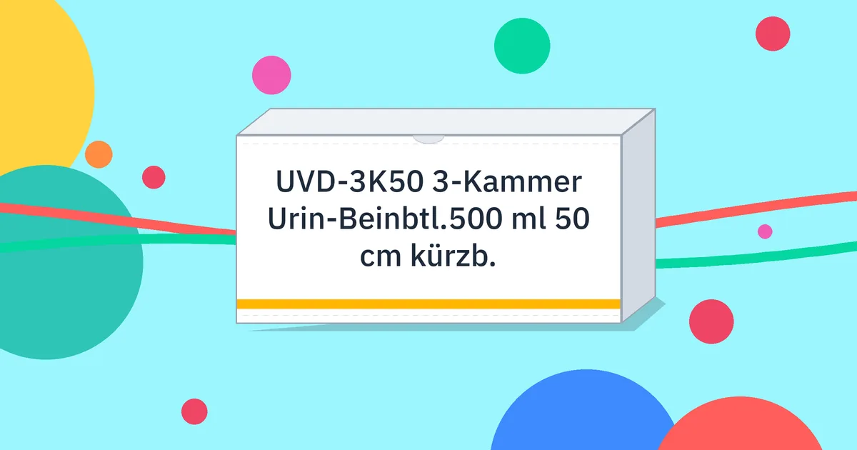 Symbolbild: Packung mit der Aufschrift UVD-3K50 3-Kammer Urin-Beinbtl.500 ml 50 cm kürzb. (PZN 14267184) – Verfügbarkeit und Bezug in Apotheken in Frankfurt am Main