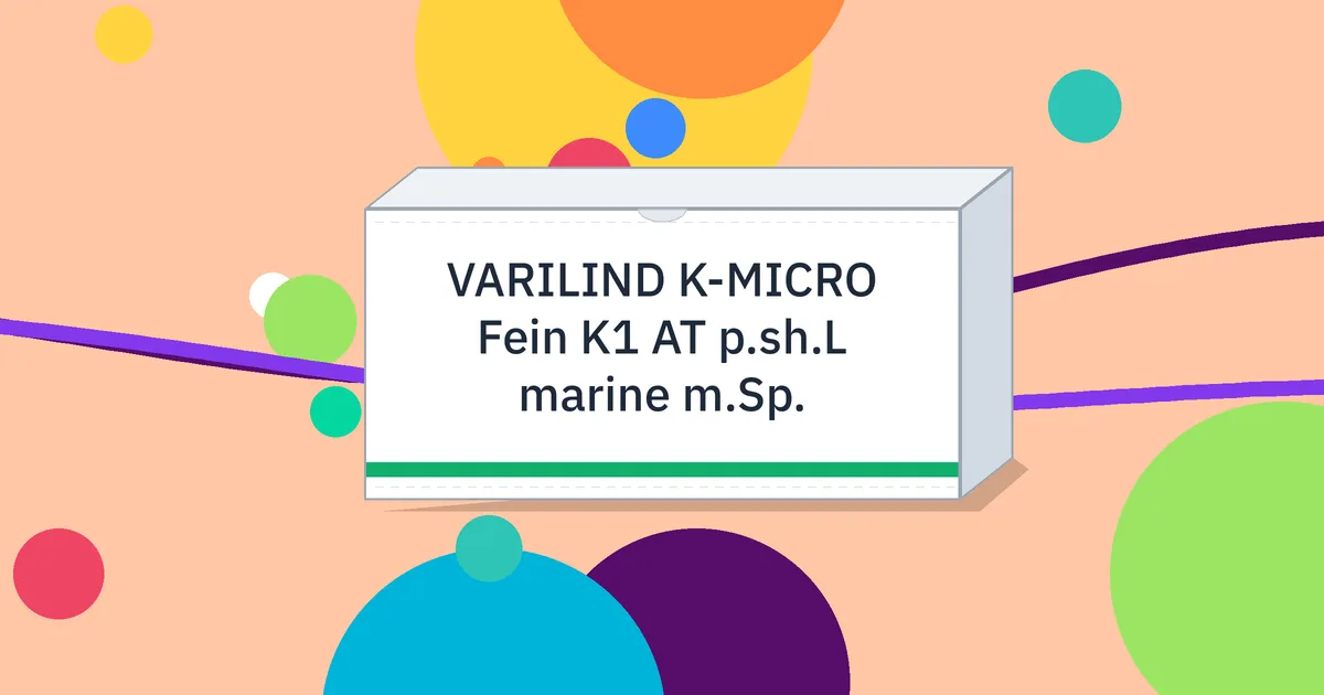 Symbolbild: Packung mit der Aufschrift VARILIND K-MICRO Fein K1 AT p.sh.L marine m.Sp. (PZN 20552055) – Verfügbarkeit und Bezug in Apotheken in Frankfurt am Main