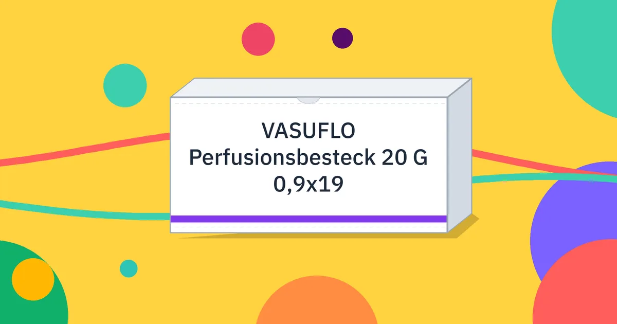 Symbolbild: Packung mit der Aufschrift VASUFLO Perfusionsbesteck 20 G 0,9x19 (PZN 08485439) – Verfügbarkeit und Bezug in Apotheken in Frankfurt am Main