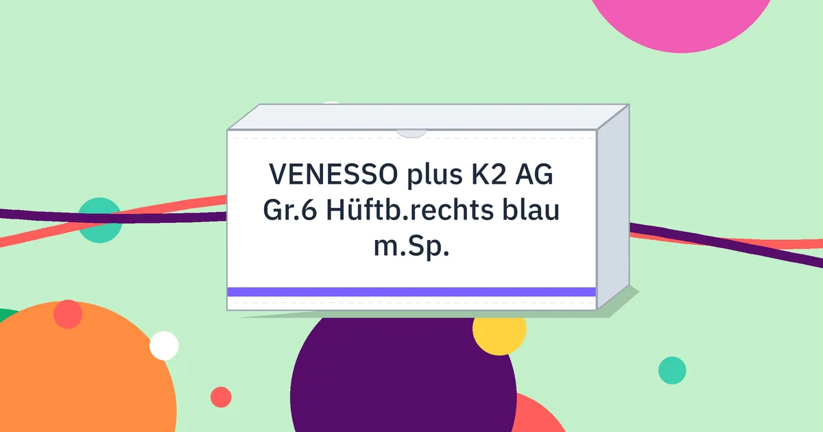 Symbolbild: Packung mit der Aufschrift VENESSO plus K2 AG Gr.6 Hüftb.rechts blau m.Sp. (PZN 03304232) – Verfügbarkeit und Bezug in Apotheken in Frankfurt am Main