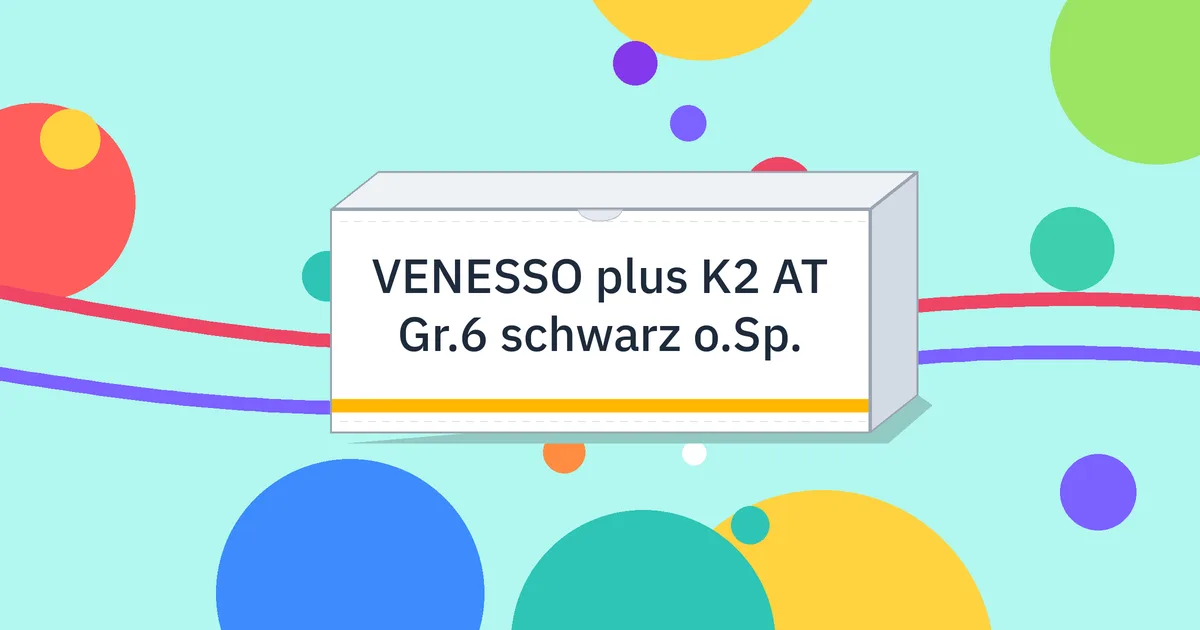Symbolbild: Packung mit der Aufschrift VENESSO plus K2 AT Gr.6 schwarz o.Sp. (PZN 03288852) – Verfügbarkeit und Bezug in Apotheken in Frankfurt am Main