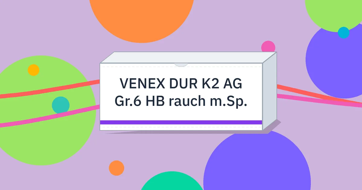 Symbolbild: Packung mit der Aufschrift VENEX DUR K2 AG Gr.6 HB rauch m.Sp. (PZN 03218372) – Verfügbarkeit und Bezug in Apotheken in Frankfurt am Main