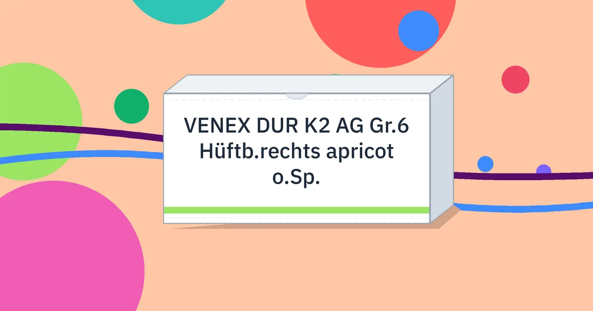 Symbolbild: Packung mit der Aufschrift VENEX DUR K2 AG Gr.6 Hüftb.rechts apricot o.Sp. (PZN 03231705) – Verfügbarkeit und Bezug in Apotheken in Frankfurt am Main