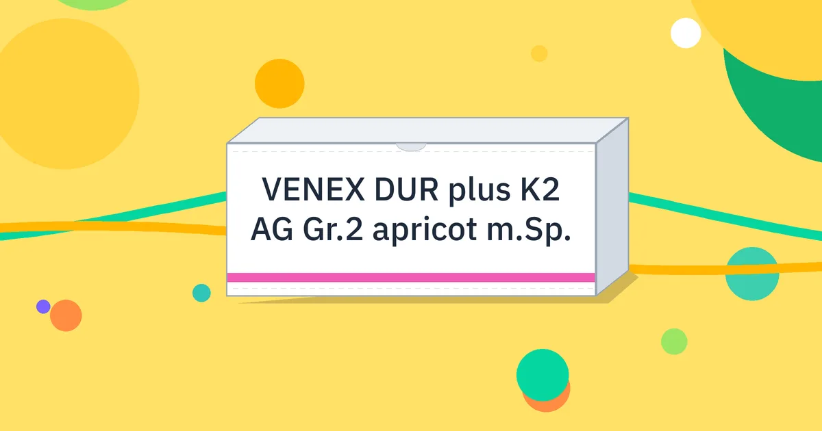 Symbolbild: Packung mit der Aufschrift VENEX DUR plus K2 AG Gr.2 apricot m.Sp. (PZN 03235270) – Verfügbarkeit und Bezug in Apotheken in Frankfurt am Main