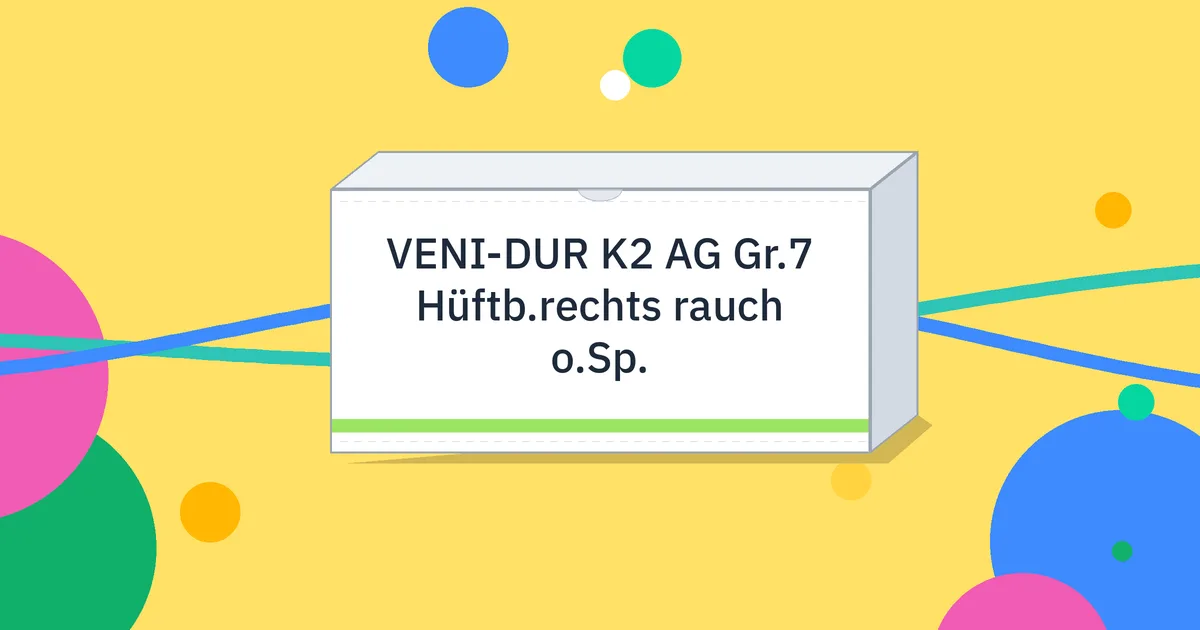 Symbolbild: Packung mit der Aufschrift VENI-DUR K2 AG Gr.7 Hüftb.rechts rauch o.Sp. (PZN 03253463) – Verfügbarkeit und Bezug in Apotheken in Frankfurt am Main