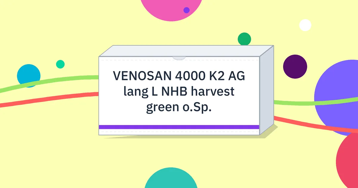 Symbolbild: Packung mit der Aufschrift VENOSAN 4000 K2 AG lang L NHB harvest green o.Sp. (PZN 18847725) – Verfügbarkeit und Bezug in Apotheken in Frankfurt am Main