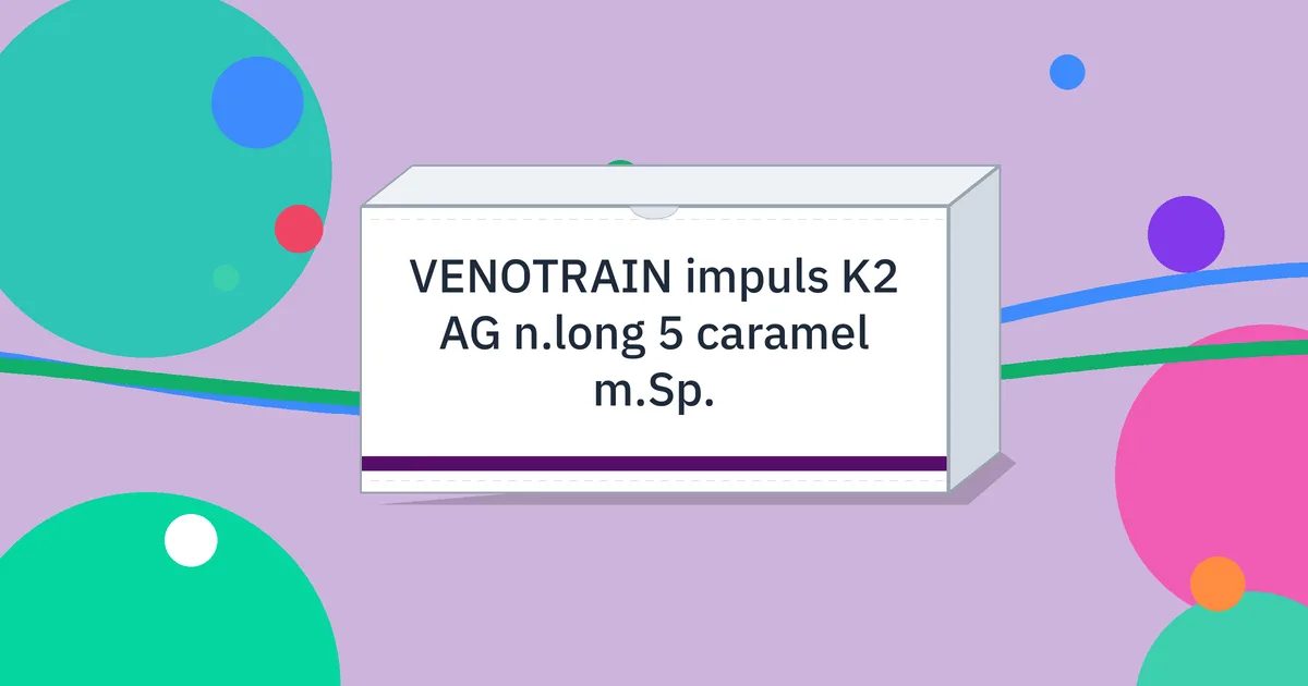Symbolbild: Packung mit der Aufschrift VENOTRAIN impuls K2 AG n.long 5 caramel m.Sp. (PZN 00493511) – Verfügbarkeit und Bezug in Apotheken in Frankfurt am Main