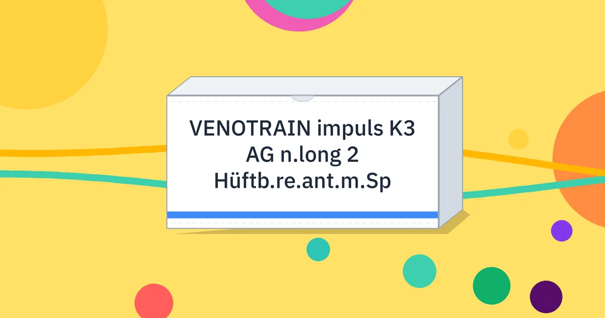 Symbolbild: Packung mit der Aufschrift VENOTRAIN impuls K3 AG n.long 2 Hüftb.re.ant.m.Sp (PZN 15218207) – Verfügbarkeit und Bezug in Apotheken in Frankfurt am Main