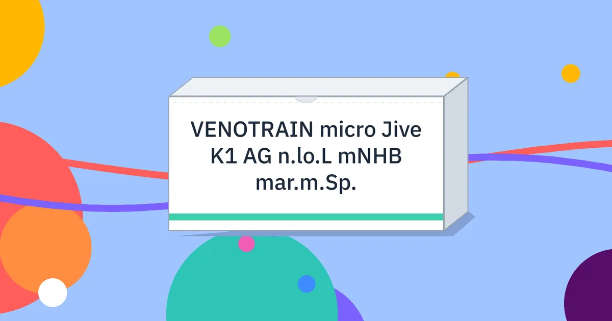 Symbolbild: Packung mit der Aufschrift VENOTRAIN micro Jive K1 AG n.lo.L mNHB mar.m.Sp. (PZN 17761849) – Verfügbarkeit und Bezug in Apotheken in Frankfurt am Main