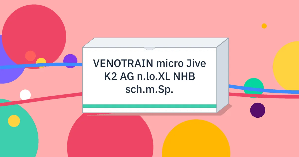 Symbolbild: Packung mit der Aufschrift VENOTRAIN micro Jive K2 AG n.lo.XL NHB sch.m.Sp. (PZN 17768308) – Verfügbarkeit und Bezug in Apotheken in Frankfurt am Main